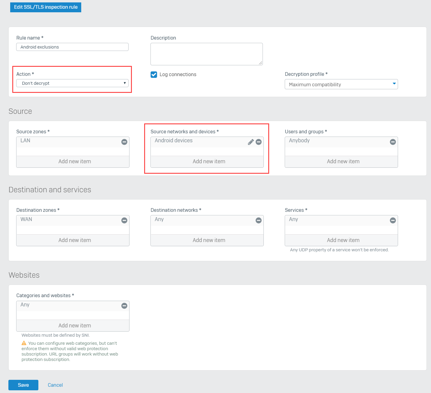 Sophos XG Firewall: Android applications are not working with SSL/TLS scanning