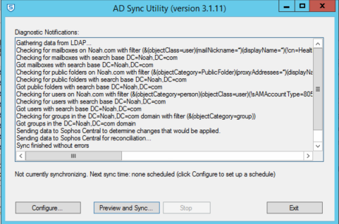 Sophos Central: Active Directory Sync Utility のログファイルの場所