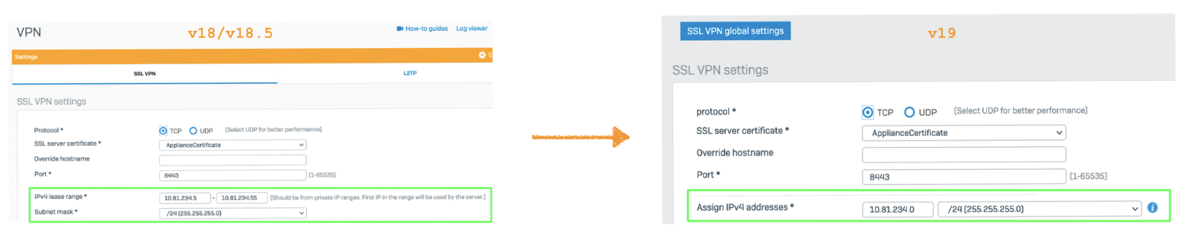 Sophos Firewall: SSL VPN "IPv4 lease range" changes in SFOS 19