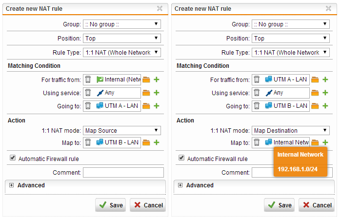 Sophos UTM: Configure a tunnel between two UTMs that use the same LAN range