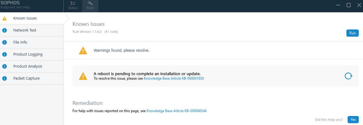 Sophos Endpoint Self Help: Known Issues