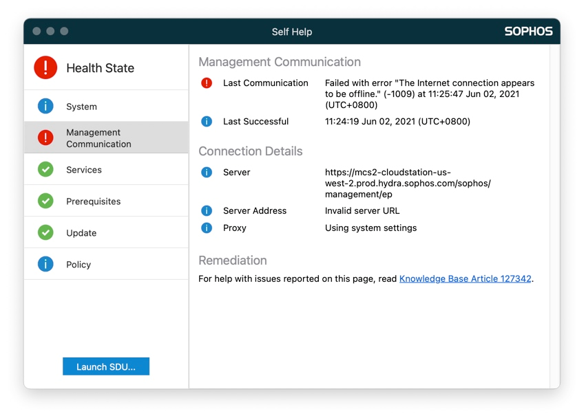 Sophos Central Mac Endpoint: Endpoint Self Help tool の「Management Communication」ページ
