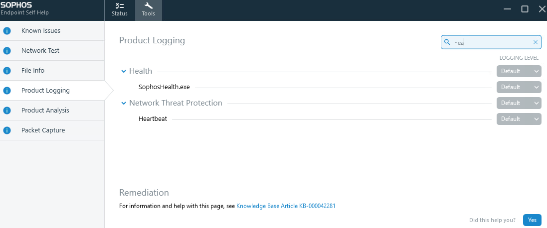 Sophos Endpoint Self Help: Product Logging