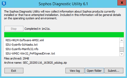Sophos Diagnostic Utility: Get and send logs to Sophos Support