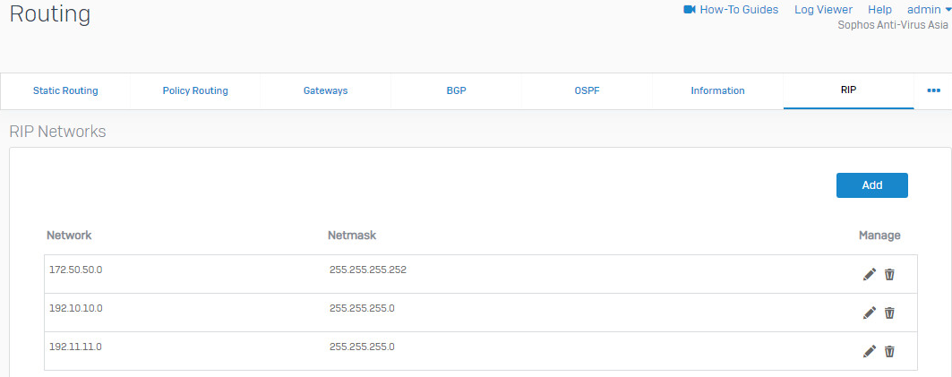 Sophos Firewall: Configure Routing Information Protocol (RIP)