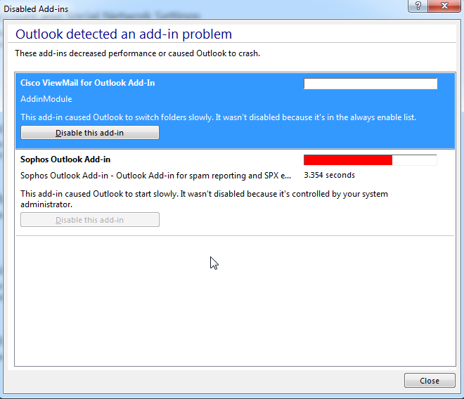 Sophos Outlook Add-in: Disabled when taking too long to load
