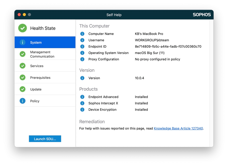 Sophos Endpoint for macOS: System page on the Endpoint Self Help tool