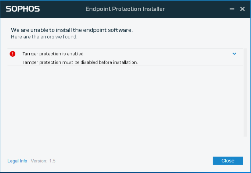 Sophos Central Endpoint: Installation failure, Tamper Protection is Enabled