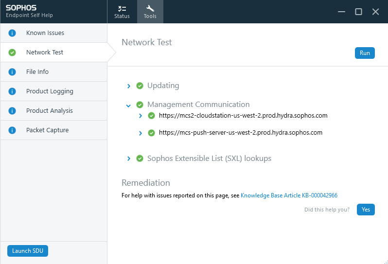 Sophos Endpoint Self Help: Network Test
