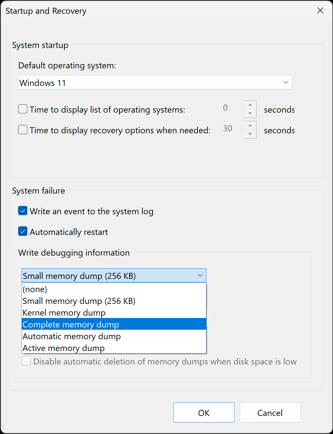 Configure a Windows device to capture a complete memory dump