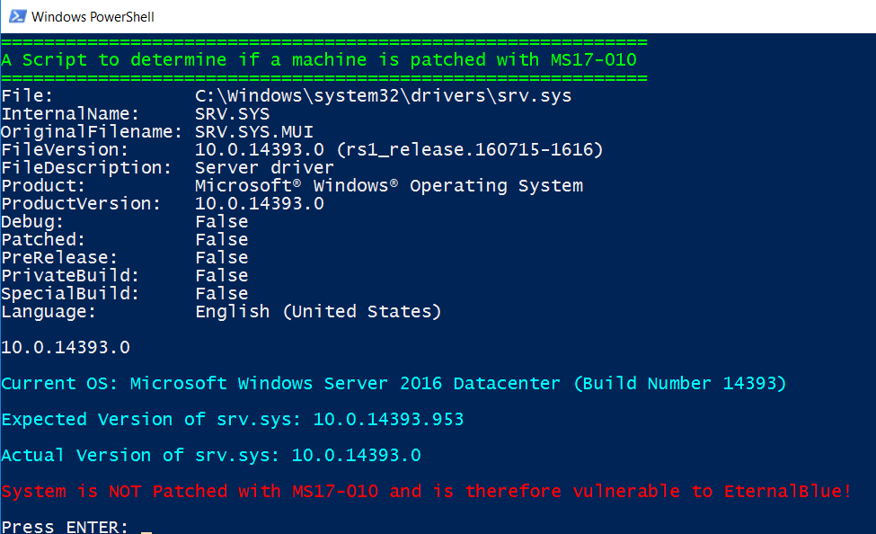 Determine if a device is vulnerable to EternalBlue - MS17-010
