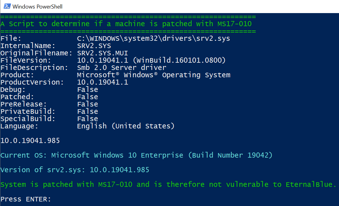 Determine if a device is vulnerable to EternalBlue - MS17-010